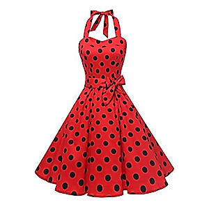 Topdress Women's Vintage Polka Audrey Dress 1950s Halter Retro Cocktail Dress Red/Black Dot M