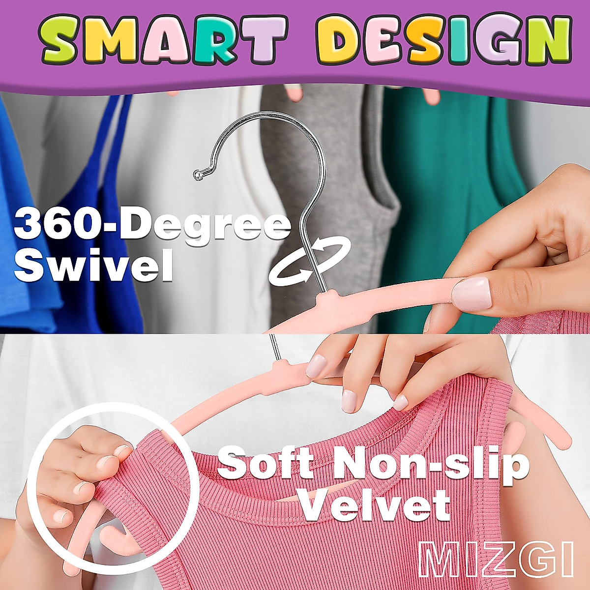 MIZGI Velvet Baby Hangers 50-Pack,No Shoulder Bump Children‘s Hangers for Baby,Infant&Toddler Clothes,Durable Space Saving Non Slip Kids Hangers,Felt Rounded Clothes Hangers for Everyday Closet Use