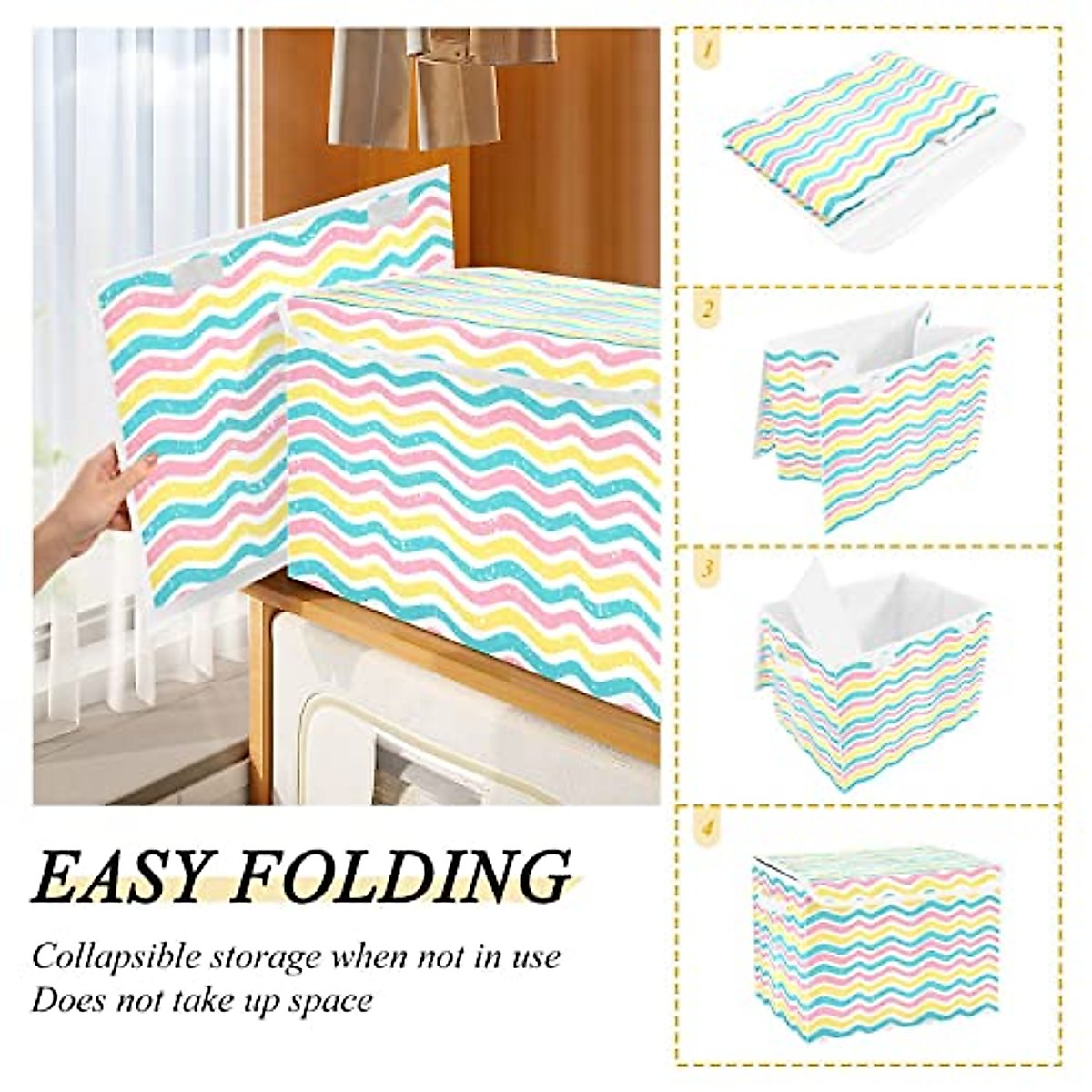 CaTaKu Cute Rainbow Waves Storage Bins with Lids Fabric Large Storage Container Cube Basket with Handle Decorative Storage Boxes for Organizing Clothes Shelves