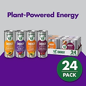 V8 +Energy Peach Mango, Orange Pineapple, Black Cherry and Pomegranate Blueberry Juice Energy Drinks, 8 fl oz Can (24 Pack)