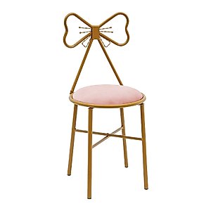Modern Stylish Pink Bow Shaped Backrest Princess Chair Girls Ladies Creative Makeup Stool with Golden Frame for Indoor Decor Bedroom Coffee Shop