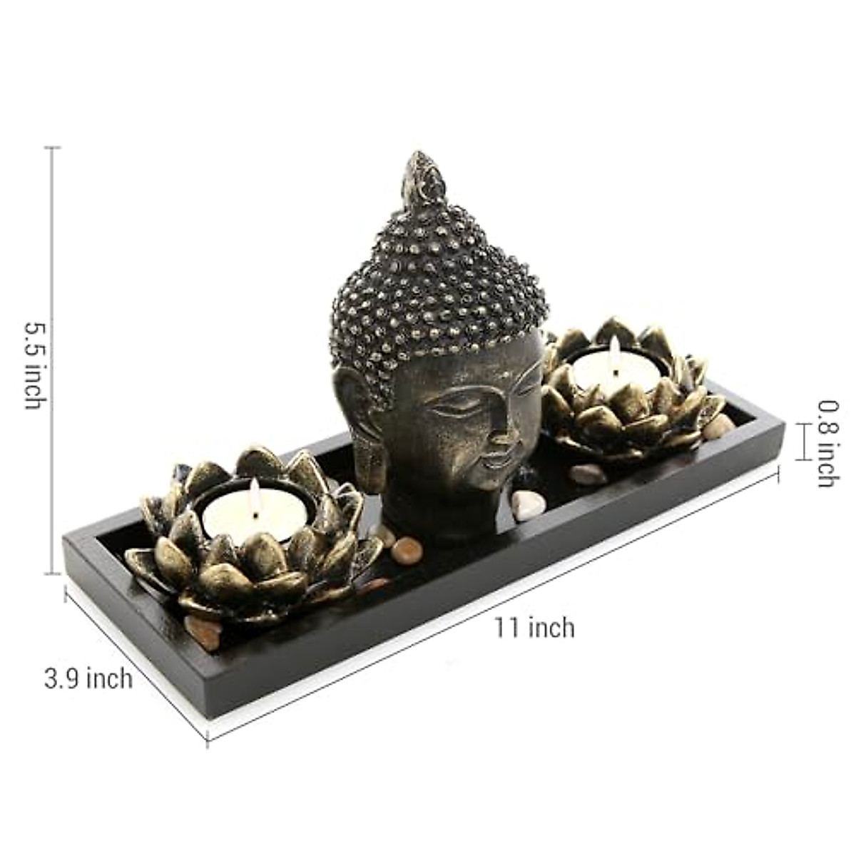 MyGift Black Buddha Head Sculpture Zen Garden Set w/Lotus Tealight Candle Holders & Wooden Display Tray