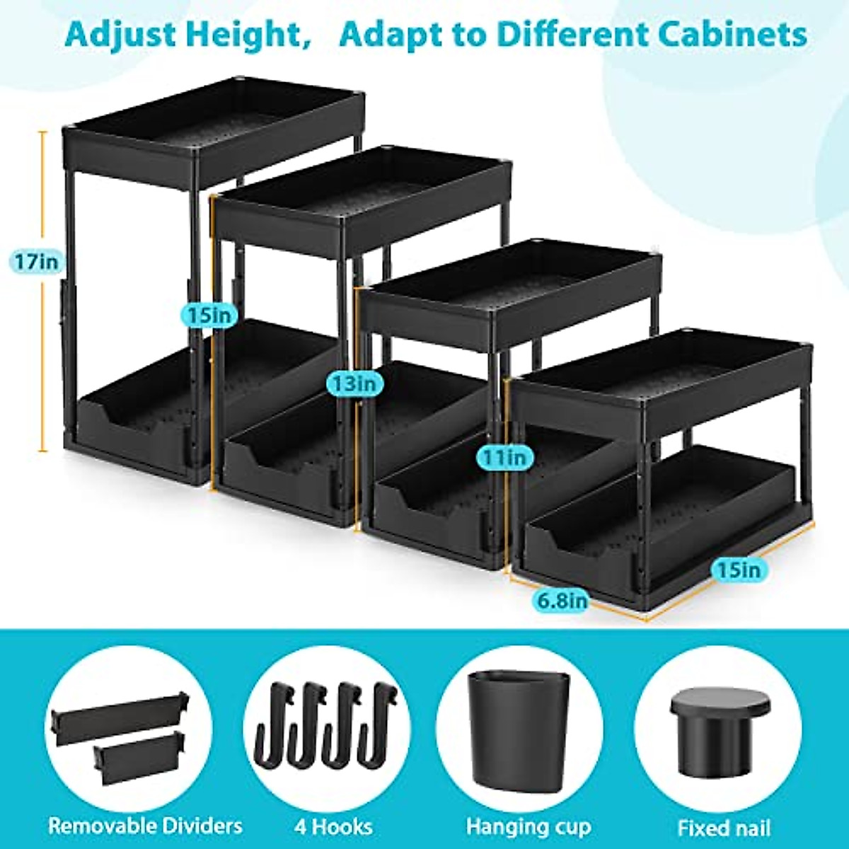 Under Sink Organizers and Storage, Adjustable Height Sliding Drawer 2 Tier Cabinet Organizer with Pull Out Drawer/Hook/Cup/Dividers for Bathroom Kitchen (Black)