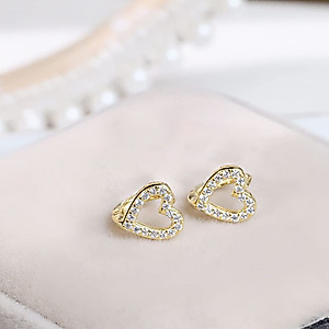 CZ Heart Shaped Small Hoop Cartilage Earrings for Women Girls 925 Sterling Silver Pink Cubic Zirconia Hypoallergenic Tiny Hollow Love Huggie Hoops Dainty Birthday Wedding Christmas Holiday Jewelry Gifts (Gold Plated Clear CZ)