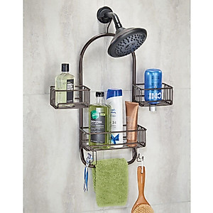 mDesign Modern Metal Wire Bathroom Tub & Shower Caddy, Hanging Storage Organizer Center - 2 Wash Cloth/Razor Hooks, 3 Baskets - for Bathroom Shower Stalls, Bathtubs - Rust Resistant - Bronze