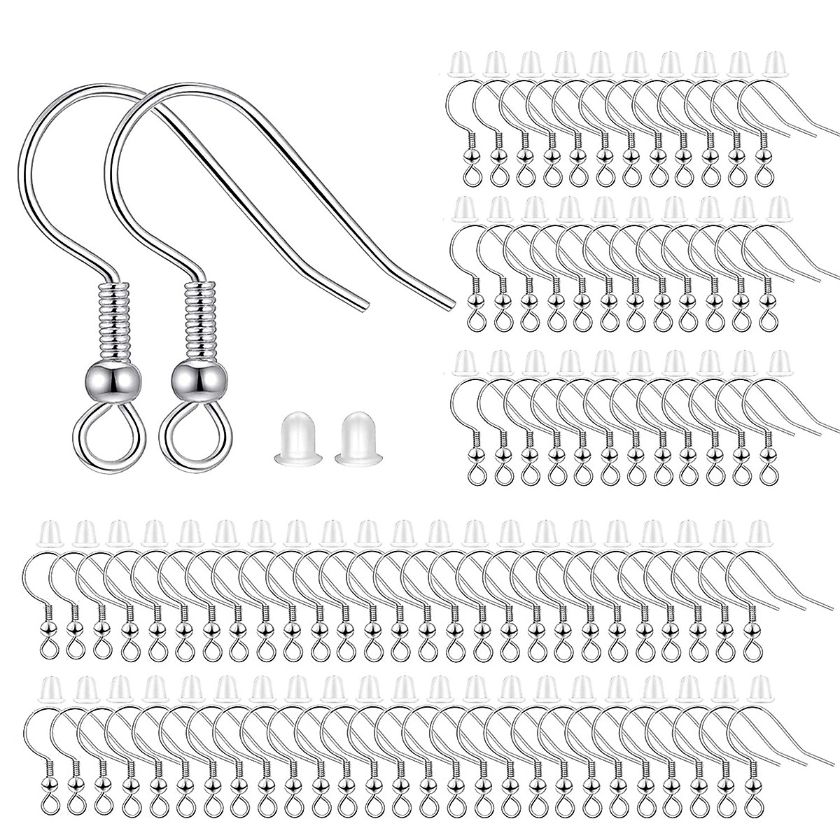 BEADNOVA Fish Hook Earring Hooks 150pcs Earring Findings with Earring Backs for Earring Supplies Earrings Making DIY (150pcs Silver Earring Hooks and 150pcs Earring Backs, Total 300pcs)