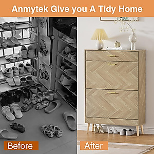 Anmytek Shoe Storage Cabinet with 2 Flip Drawers & 1 Drawer, Natural Oak Slim Shoe Cabinet with Wooden Legs, Freestanding Hidden Narrow Shoes Organizer Cabinet for Entryway, Hallway