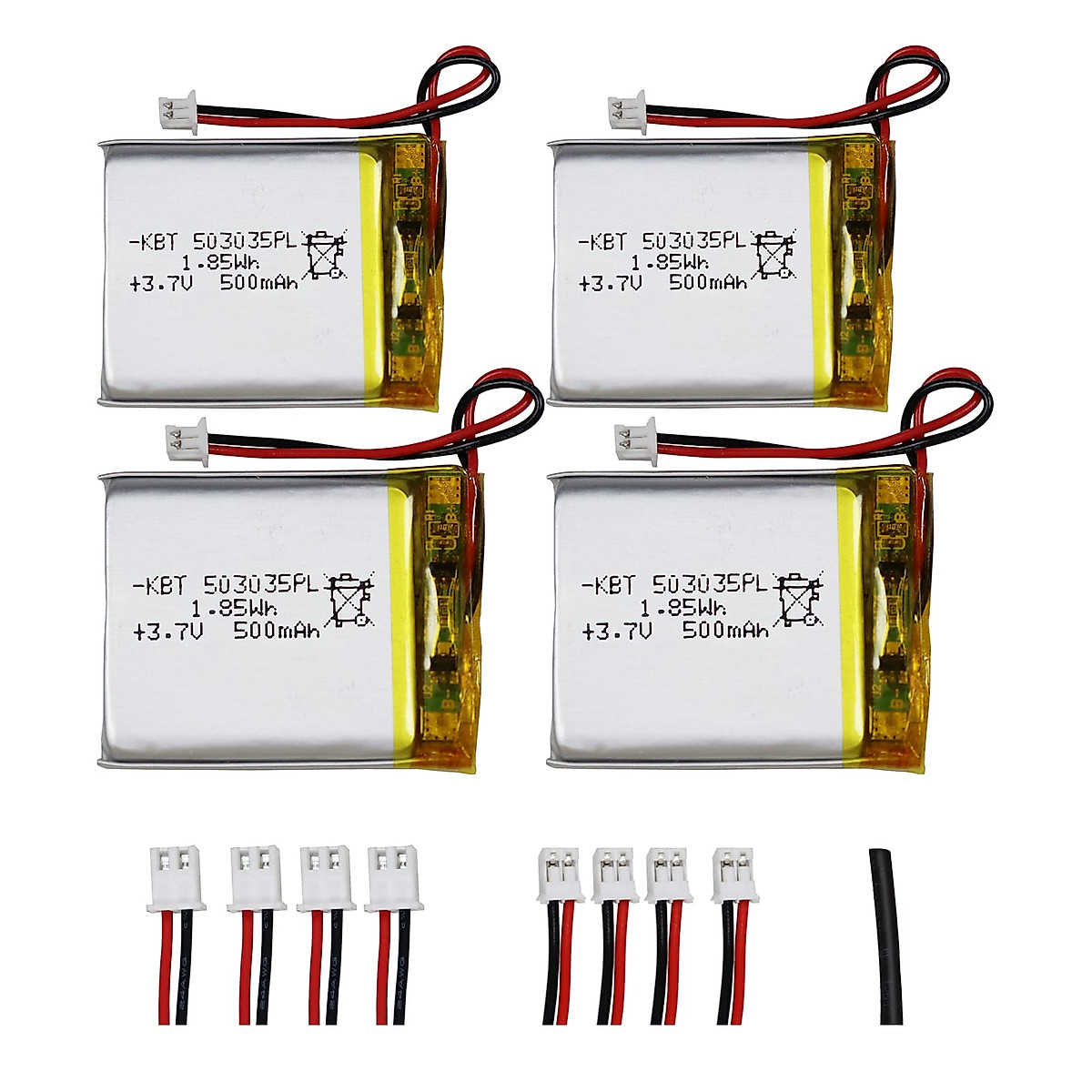 KBT 3.7V 500mAh Li-Polymer Battery: 503035 Lipo Rechargeable Lithium-ion Replacement Batteries with PH 1.25 JST Connector, PH2.0/2.54 JST Connector for Replacement - 4pack