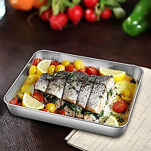 TeamFar Rectangular Cake Pans with Lids, 10.5’’ x 8’’ x 2’’ Stainless Steel Lasagna Brownie Pan For Baking Roasting, Healthy & Durable, Brushed Surface & Dishwasher Safe, (2 Pans+2 Lids)