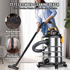 VEVOR Stainless Steel Wet Dry Shop Vacuum, 8 Gallon 6 Peak HP Wet/Dry Vac, Powerful Suction with Blower Function w/Attachment 2-in-1 Crevice Nozzle, Small Shop Vac Perfect for Carpet Debris, Pet Hair