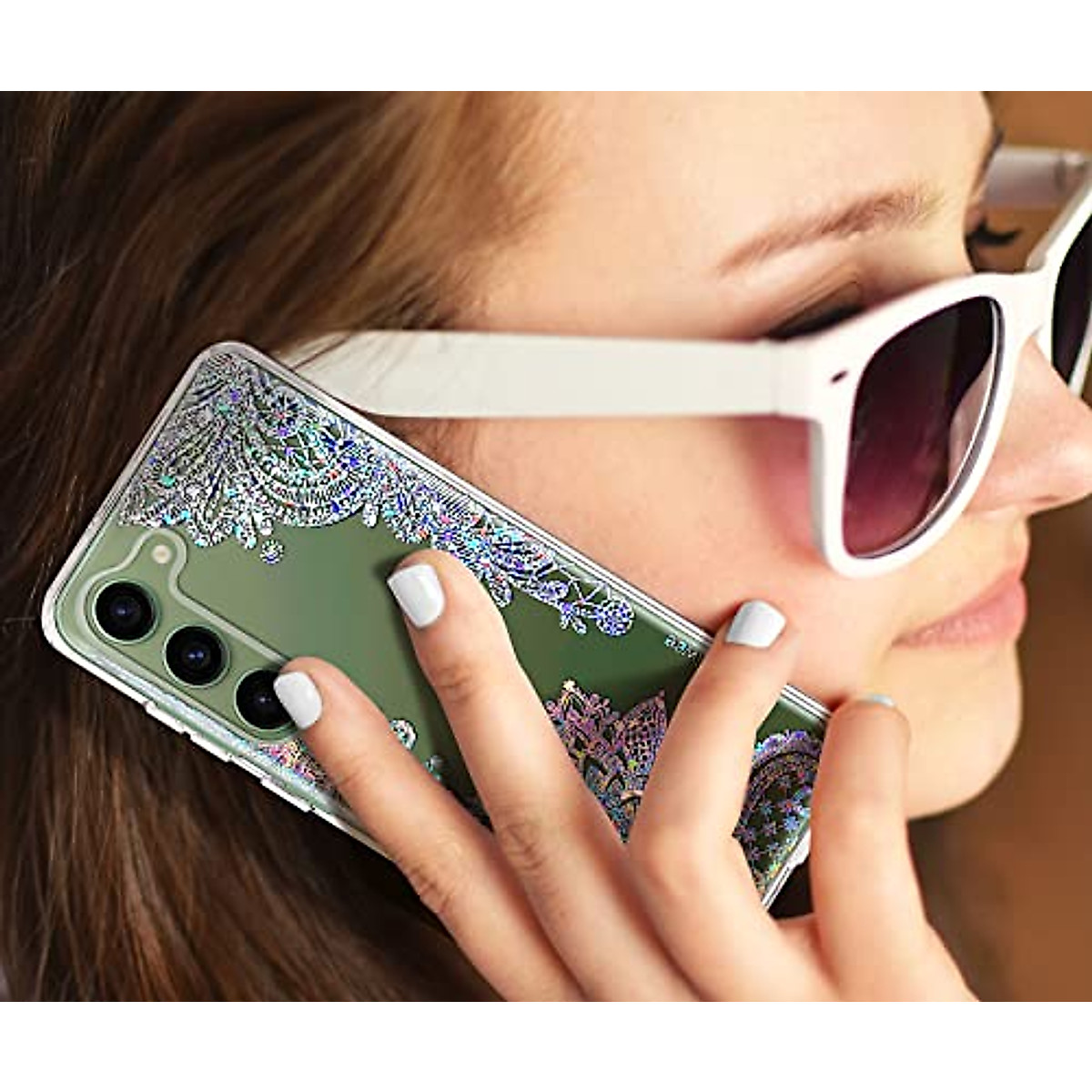 Coolwee Clear Glitter for Samsung Galaxy S23 Plus Case Thin Flower Slim Cute Crystal Lace Bling Sparkle Floral Hard Plastic Cover Back Soft TPU Bumper Protective Mandala Henna Anti Yellowing