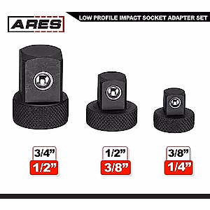 ARES 70198 - Low Profile Impact Socket Adapter Set - Impact-Rated Heat-Treated Chrome Vanadium Steel Features Knurling For Enhanced Grip