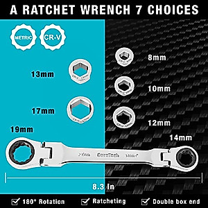 DURATECH Flex-Head Double Box End Ratcheting Wrench Set, 7-In-1 Metric Wrench Set, 8-19mm, 72 Tooth Gear, CR-V Steel, with Tool Organizer