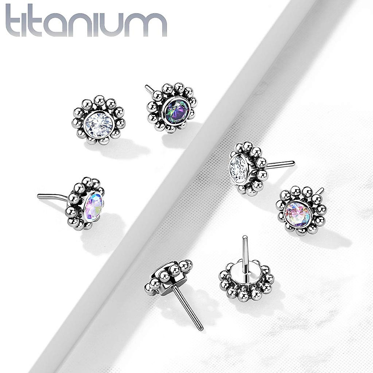 Amelia Fashion Implant Grade Titanium Threadless Push In Flower Tops with Center CZ and Surrounding Ball Cluster 14ga-20ga (Choose Color) (Clear)