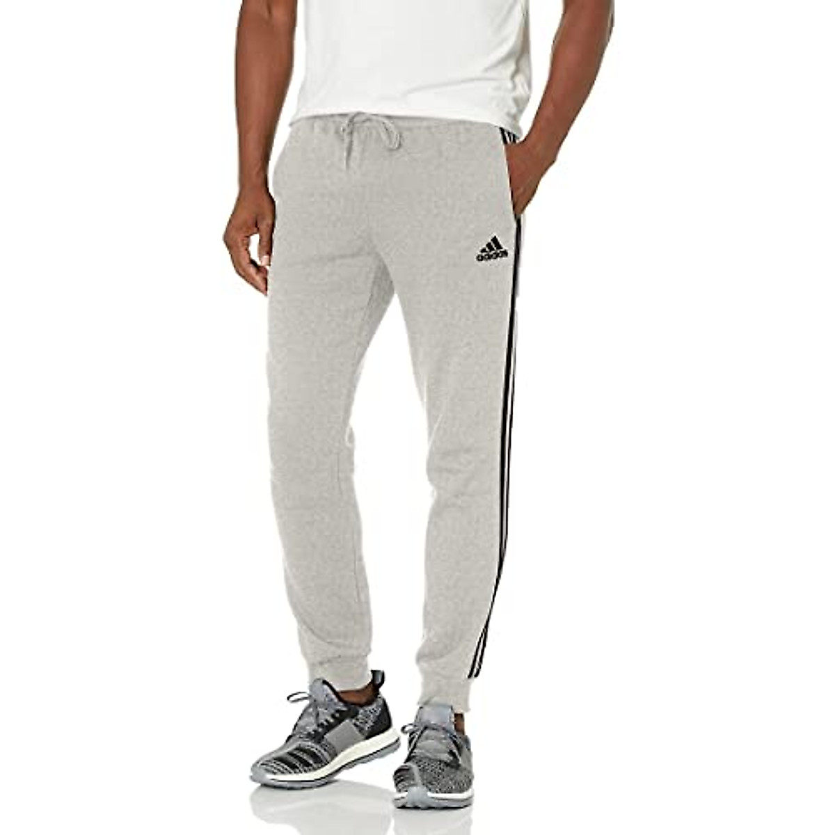 adidas Men's Size Essentials 3-Stripes French Terry Tapered-Cuff Pants, Medium Grey Heather/Black, Large/Tall