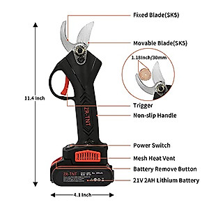 ZR-TNT Electric Pruning Shears Cordless 21V with 2000mAh 2PCS Lithium Battery and Matching Tools,30mm (1.2″) Cutting Diameter,Tree Branch Flowering Bushes Trimmers for Gardening (Black)