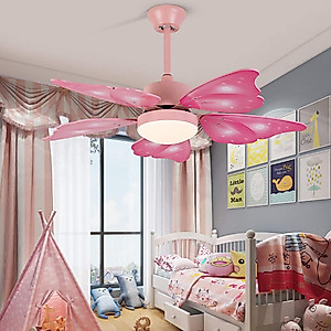 KWOKING Lighting Creative Butterfly Wing Ceiling Light and Fan with Remote Control 5 Blades LED Bedroom Hanging Fan Light Adjustable Speed for Kids Bedrooms - Pink