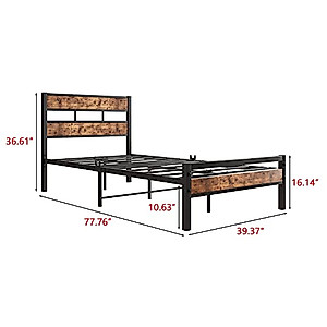 HOJINLINERO Twin Bed Frames with Wood Headboard,Platform Bed Frame Twin No Box Spring Needed,Heavy Duty Steel Slats, More Sturdy, Noise-Free,Rustic Brown