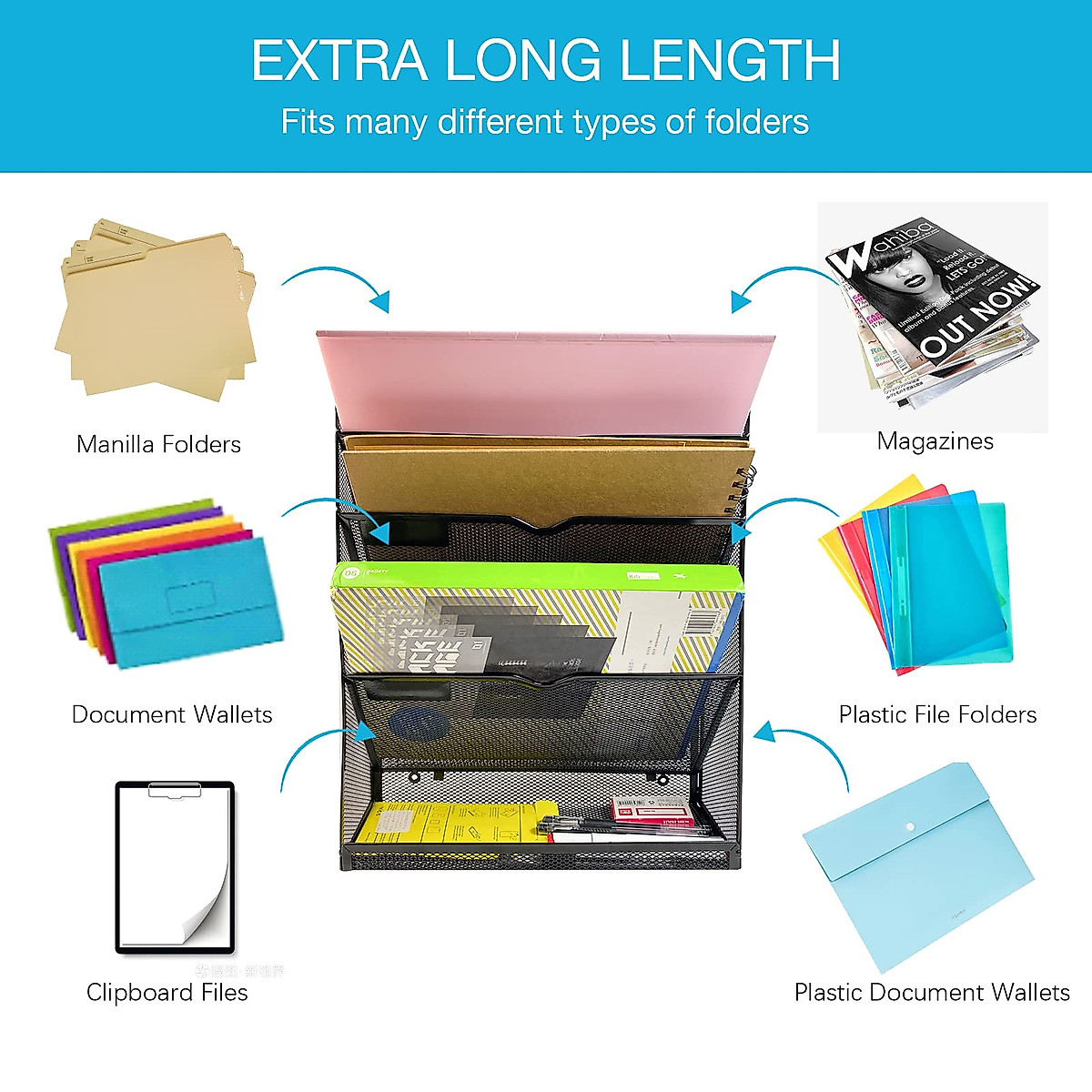 Ocooca Super Strong 6-Tier Magnetic File Holder ,Mesh Wall File Organizer No-Drill Mount Hanging File Organizer for Refrigerator, File Cabinets, Whiteboard, Office, Kitchen