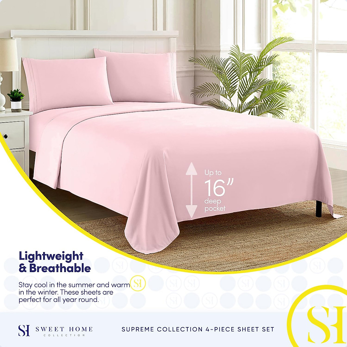 1800 Thread Count Sheet Set – Soft Egyptian Quality Brushed Microfiber Sheets – Luxury Bedding Set with Flat Sheet, Fitted Sheet, Pillow Cases, Full, Pale Pink, Sheet Set