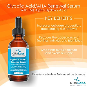 QRxLabs Glycolic Acid/AHA 15% Renewal Serum for Face - Brightening, Smoothing, Exfoliant for Night & Day - Fine Lines, Dark Spots & Wrinkles Treatment - Glycolic Acid 15% Serum - 1 fl oz Bottle