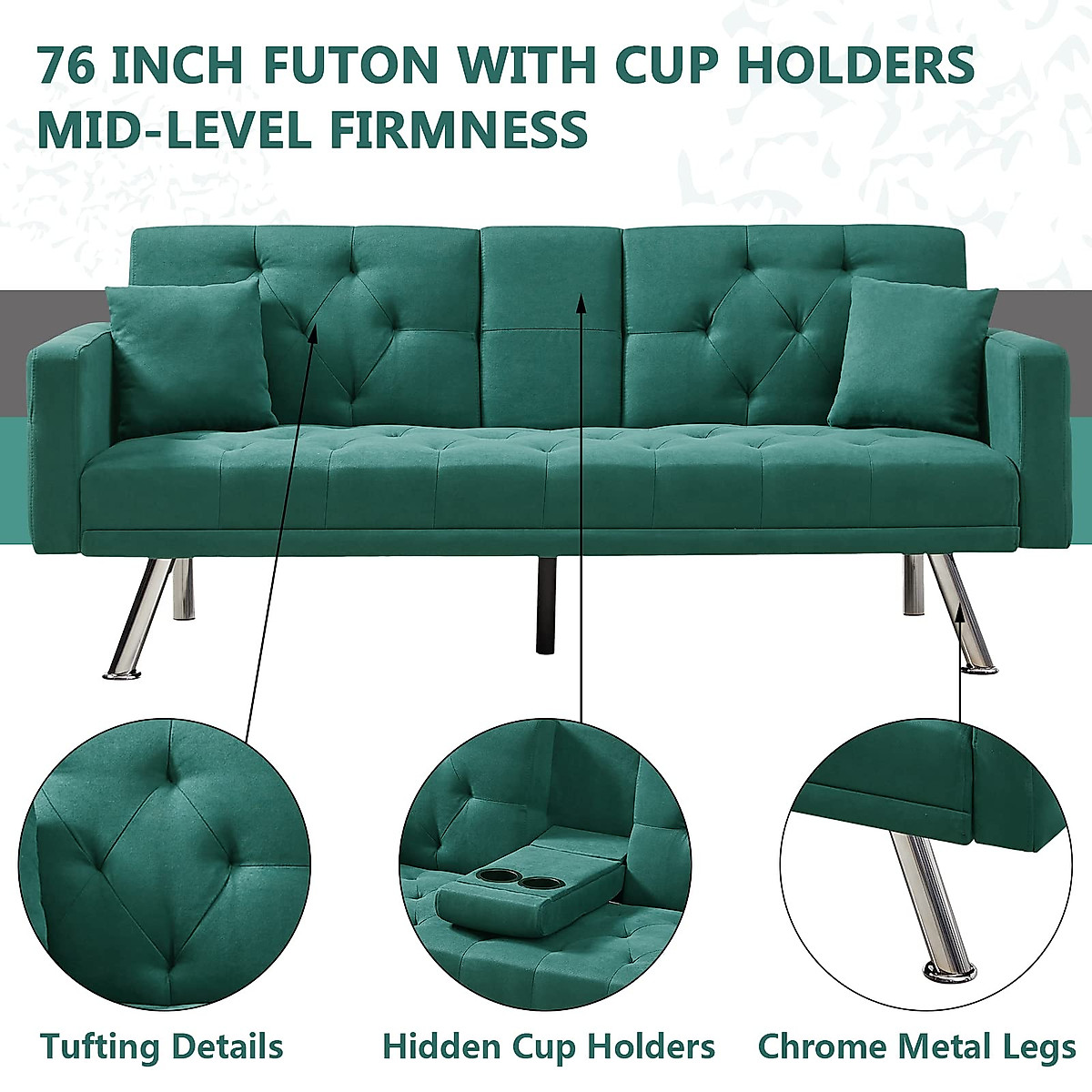 mikibama 76 Inch Futon Sofa Bed with Cup Holders, Linen Convertible Folding Futon Couch with Adjustable Backrest and Throw Pillows for Living Room, Tufted Sleeper Sofa with Metal Legs (Teal)
