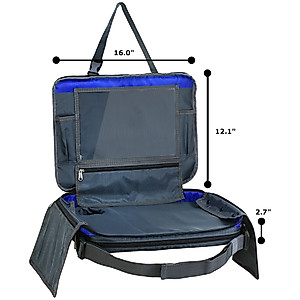 KeolaKids Kids Car and Booster Seat Travel Tray Organizer with Detachable Top, Lap Tray, Updated Headrest Straps, Zippered Storage, Tablet holder with Charger Openings (Blue)