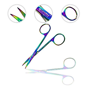 Cynamed Set of 2 Iris Micro Dissecting Scissors with Multicolor/Rainbow Titanium Coating Premium Quality Instrument - Perfect for Fine Precision Tissue Dissection Suture Removal (Straight and Curved)