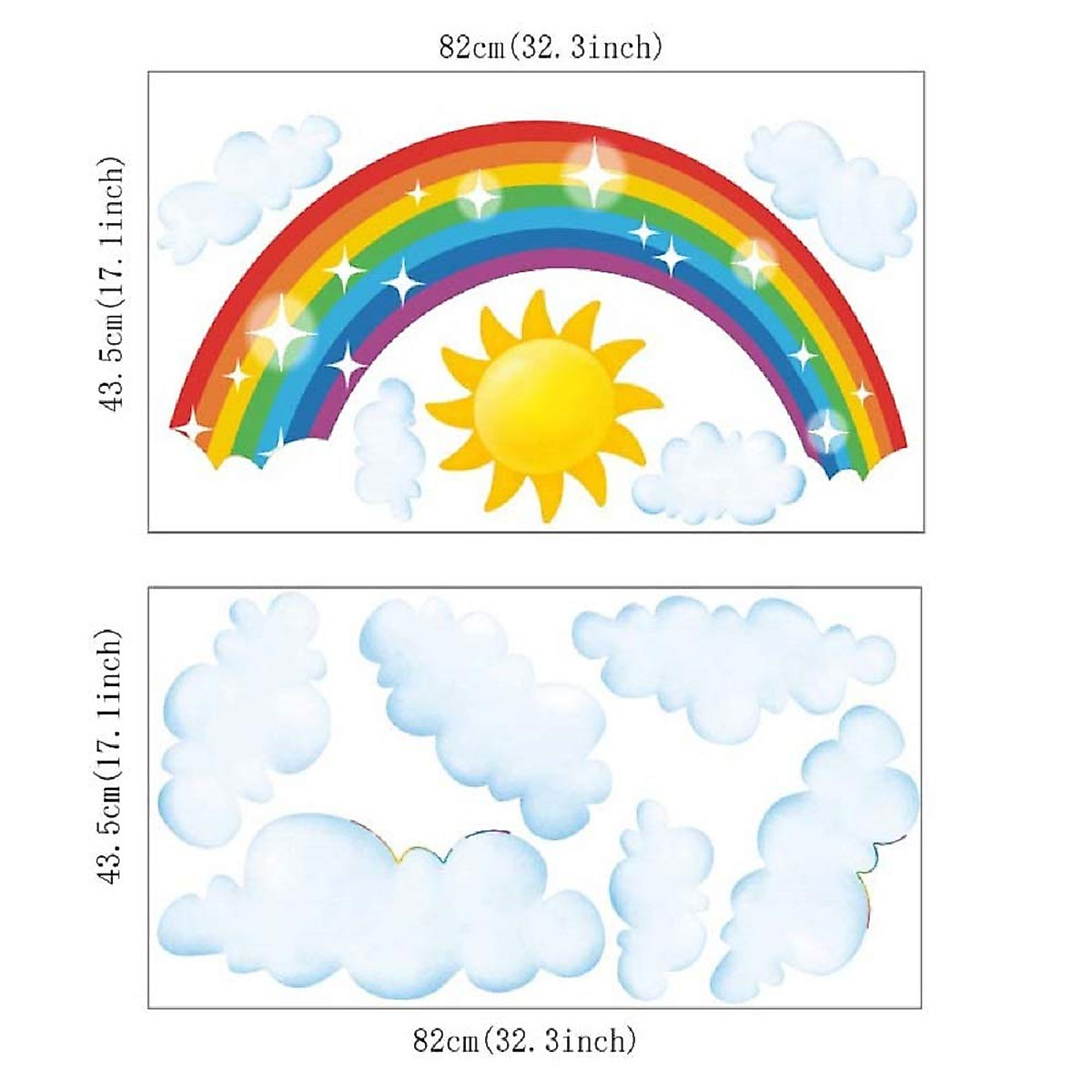 Large Sparkling Rainbow Wall Decal 21.6 x43.7inch, Rainbow Cloud Sun Wall Sticker, Peel and Stick Removable Rainbow with Sun Clouds Wall Stickers Wall Mural for Kids Nursery Bedroom