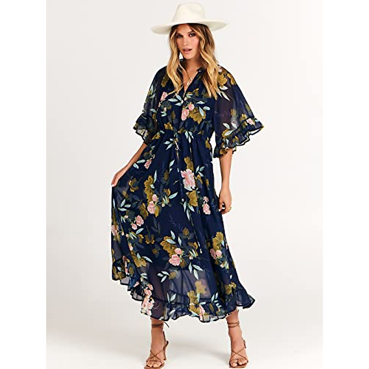 ANRABESS Women's Summer Ruffle Maxi Dress Floral Print 3/4 Bell Sleeve V Neck High Waist Flowy Boho Long Dress 746fenchahua-M
