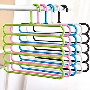 Creative Enterprises Multi-Purpose 5 Layers Trouser Hanger Set of 5, Magic Closet Hangers Space Saver Storage Plastic Hanger (Multi Colour-Pack of 5)