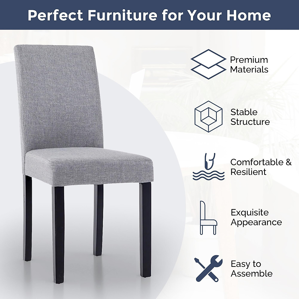 IULULU Dining Chairs Set of 4 Upholstered Linen High-Back, Grey