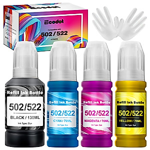T502 502 T522 522 EcoTank Ink Refill Bottles Ultra-high Capacity Combo Pack for Epson ET-2803 ET-2760 ET-2750 ET-2720 ET-3750 ET-3760 T-4750 ET-4800 ET-15000 ET-2800 ET-2850 ST-4000 (4 Pack)