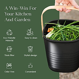 Bamboo Fiber Compost Bin Kitchen Counter - Stylish Indoor Compost Bucket for Kitchen Countertop - Includes 2 Charcoal Filters 15mm Thick - Recycling Trash Food Waste Composter Bins (Black)