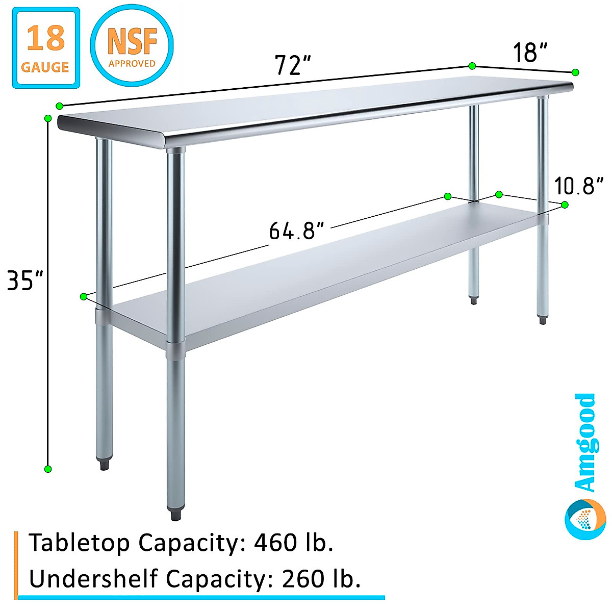 AmGood 18 in. x 72 in. Stainless Steel Work Table | Metal Kitchen Food Prep Table | NSF