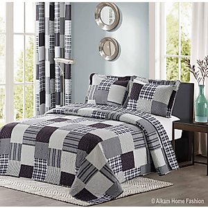 All American Collection Black and Grey Modern Plaid Bedspread and Pillow Sham Set | Matching Curtains Available! (Twin Size)