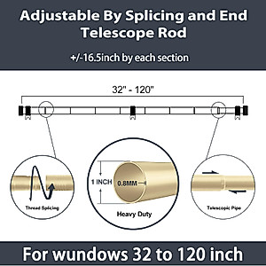 Zeerobee Curtain Rods for Windows 66 to 120, 1 Inch Gold Curtain Rod Set, Heavy Duty Drapery Rods with Adjustable Curtain Rods, Outdoor Modern Curtain Rod with Simple End Caps, 32"-120", Gold