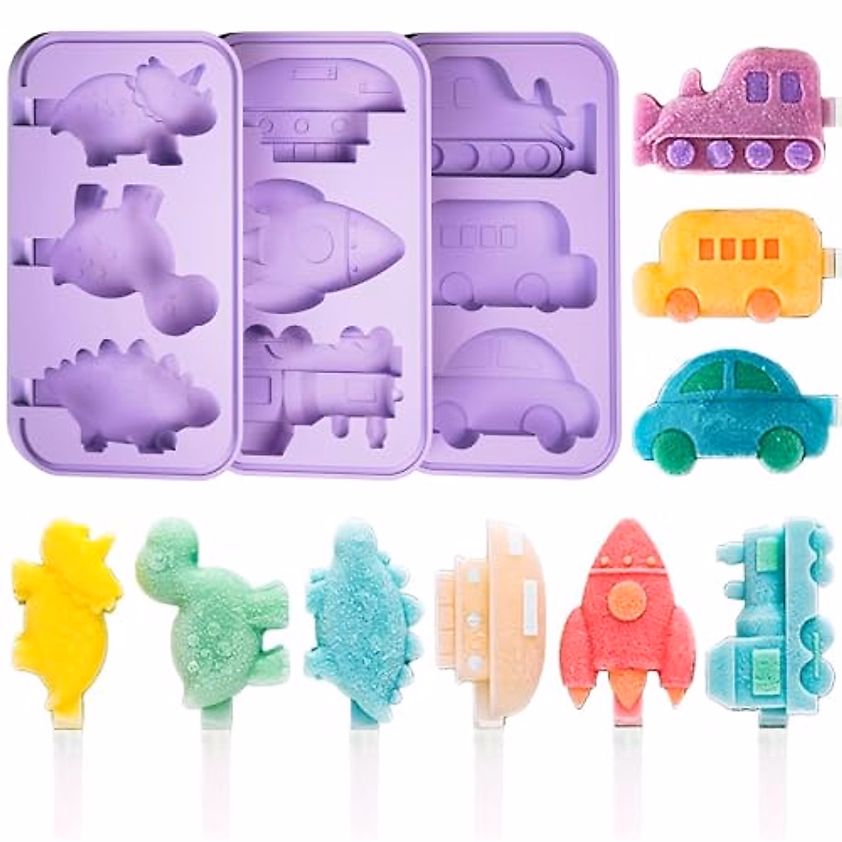 Homemade Popsicle Molds Shapes, Silicone Popsicles Molds 3 Pcs, Ice Cream Molds for Adults Kids Food Grade Ice Molds with Reusable Plastic Sticks, Dinosaur Rocket Car Shape Popsicle Maker (Purple)