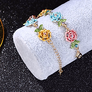 Puadun Elegant Cloisonne Flower and Leaf Bangle Bracelet with Sparkling Rhinestone Charm and Adjustable Extension Chain - Gift for Women, Comes in Gift Box
