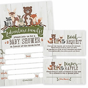 Hadley Designs - Rustic Woodland Animals Baby Shower Invitations, Book Request Baby Shower Guest Book Alternative, Diaper Raffle Tickets - 25 Cards