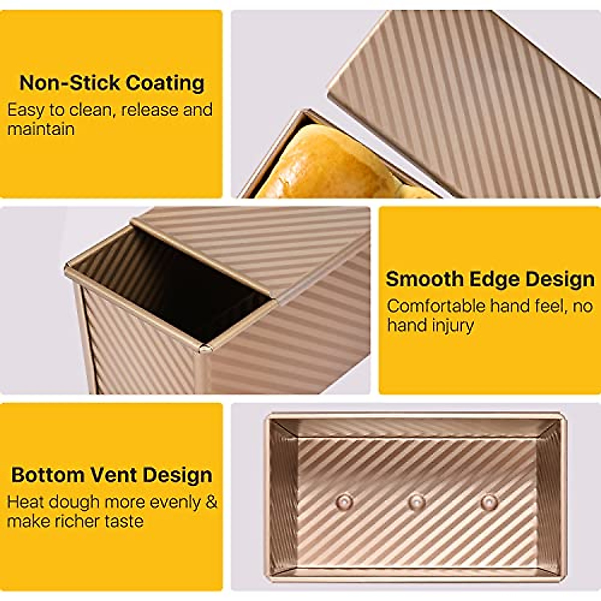 Flexzion Pullman Loaf Pan with Lid Cover (2 Pack) for Baking Oven Sandwich Bread Toast - 1lb Dough Capacity Square Corrugated Cake Mold Non-Stick Carbon Steel Box Bakeware Kitchen Accessories (Gold)