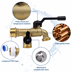 Outdoor Double Taps Water Faucet, Wall Mounted Garden Two 3/4 inch Brass Ball Valves Water Tap Splitter, Frost-Proof Outside Spigot Replacement with 2 Outlets for Home, Balcony, Hose Connector