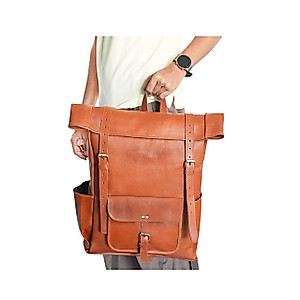 jaald 23" Brown Leather Backpack Vintage Rucksack Laptop Bag Water Resistant Roll Top College Bookbag Comfortable Lightweight Travel Hiking/picnic For Men