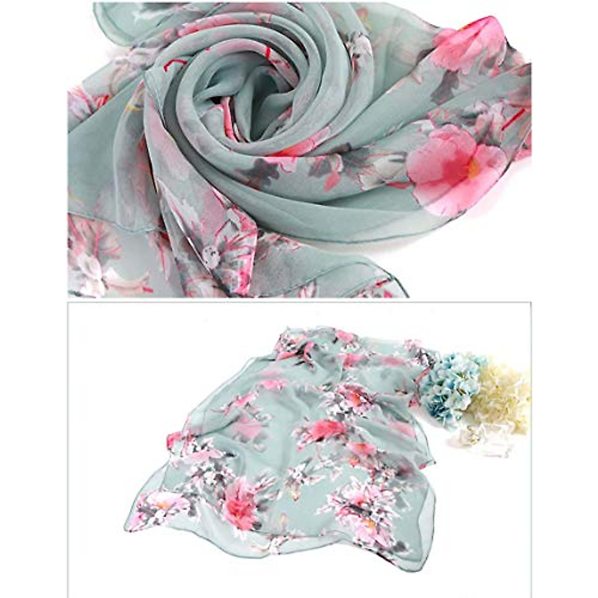 AliceLife Print Silk Feeling Scarf Fashion Scarves Lightweight Sunscreen Shawls for Women (peach blossom&Green)