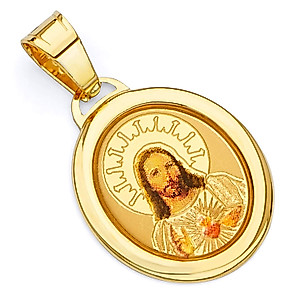 14k REAL Yellow Gold Religious Jesus Heart Enamel Picture Charm Pendant