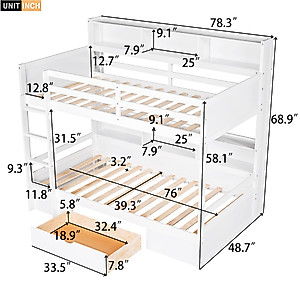 Harper & Bright Designs Bunk Bed Twin Over Twin with Storage,Wood Twin Bunk Beds with Built-in Shelves Beside Both Upper & Down Bed,Multi Storage Bunk Beds with Drawer for Kids Girls Boys,White
