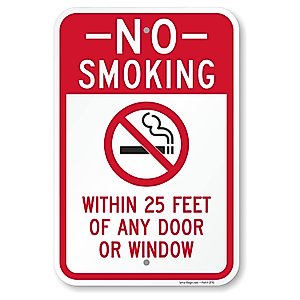 SmartSign 18 x 12 inch “No Smoking - Within 25 Feet of Any Door Or Window” Metal Sign, 63 mil Laminated Rustproof Aluminum, Red, Black and White