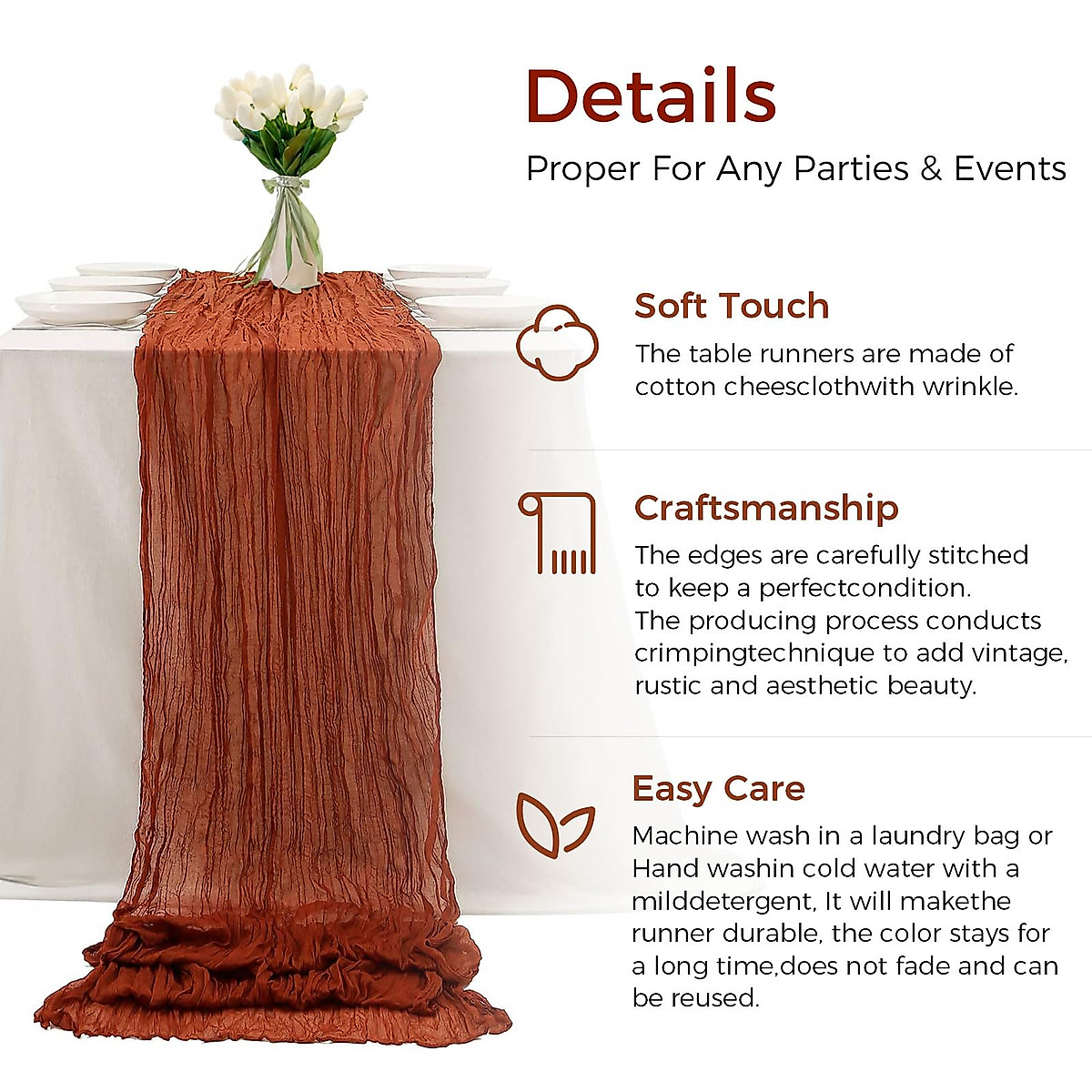 6 Pack Cheesecloth Table Runner 10Ft Boho Gauze Table Runner Cheese Cloth Long Rustic Sheer Table Runner for Wedding Bridal Baby Shower Birthday Party Cake Table Arbor Decorations (Terracotta)