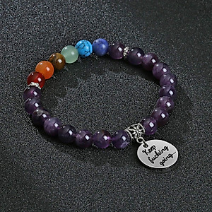 Top Plaza Amethyst Healing Crystal Stone Bead Bracelet 7 Chakra Reiki Yoga Gemstone Beaded Bracelets Inspirational Message Charm Bracelet for Women Men