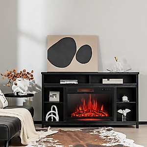 Tangkula 58 Inches Fireplace TV Stand for TVs up to 65 Inches, Modern Entertainment Center w/ 28 Inches Fireplace Insert, Remote Control, Electric Fireplace TV Console Table (Black)